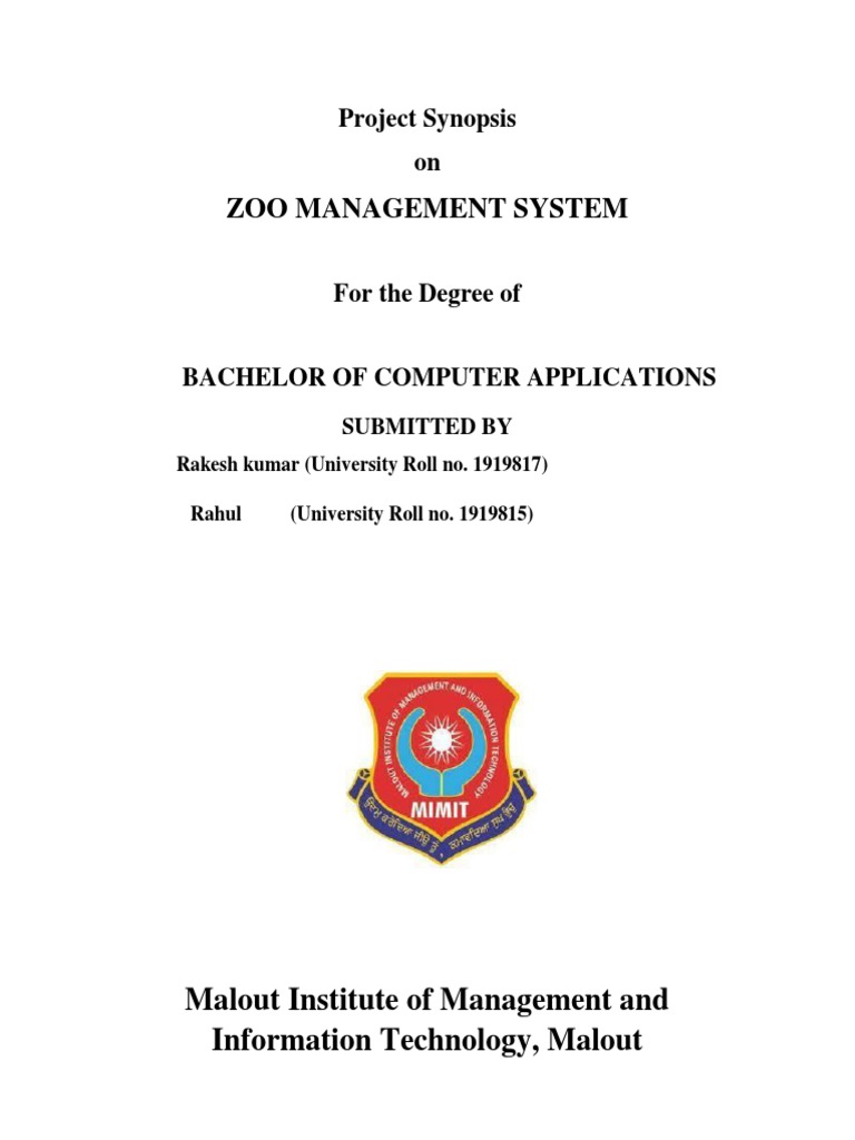 Zoo Management System: Project Synopsis On | PDF | Zoo | Feasibility Study