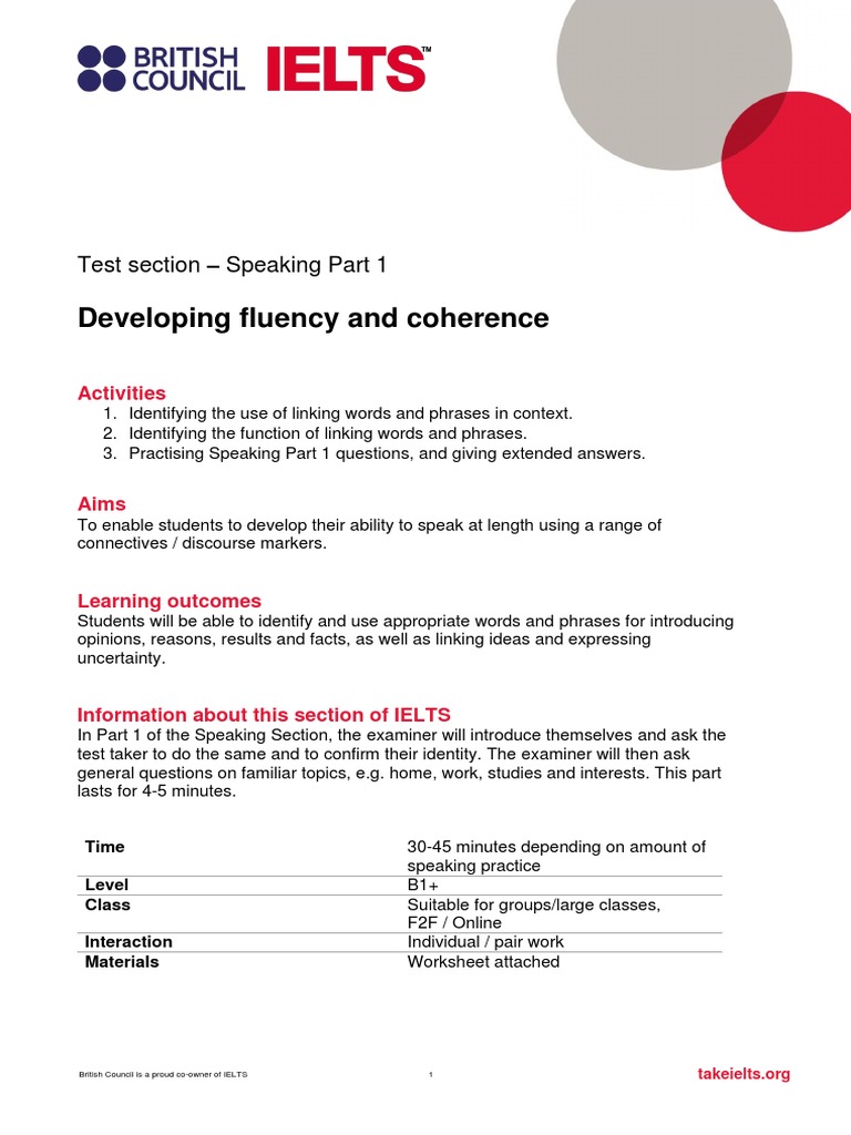 Developing Fluency and Coherence: Test Section - Speaking Part 1 | PDF ...