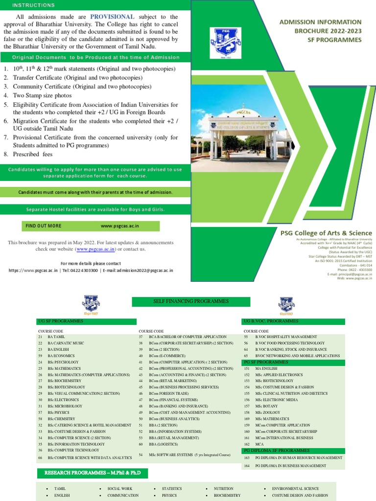 PSGCAS Admission Brochure 2022-23 Programs | PDF | Bachelor Of Science ...