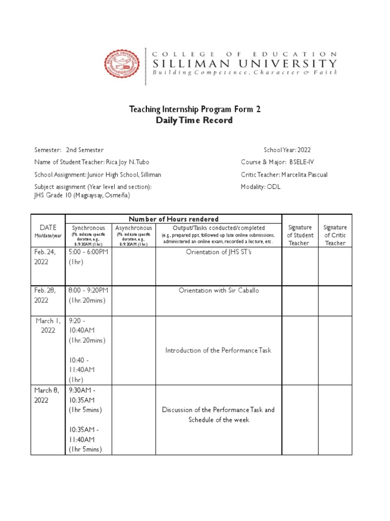 Teaching Internship Daily Log Form | PDF | Lesson Plan | Pedagogy
