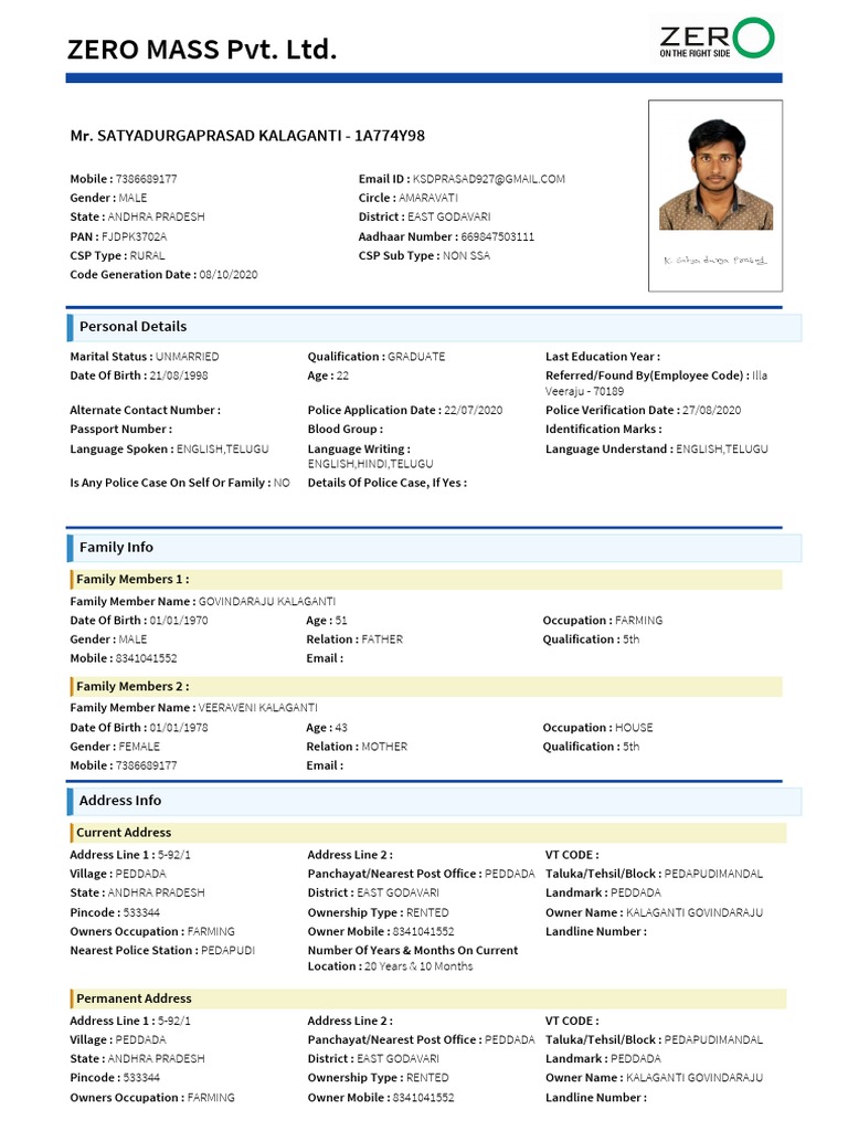 Zero Mass Pvt. LTD.: Mr. Satyadurgaprasad Kalaganti - 1A774Y98 | PDF | Loans
