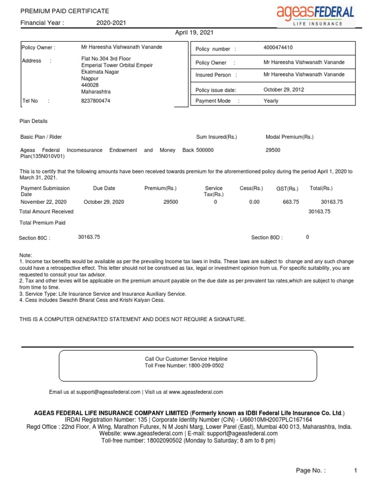 AGEAS FEDERAL LIFE INSURANCE COMPANY LIMITED (Formerly Known As IDBI ...