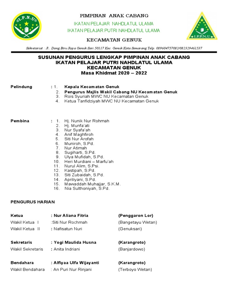 Susunan Pengurus PAC IPPNU Kecamatan Genuk | PDF