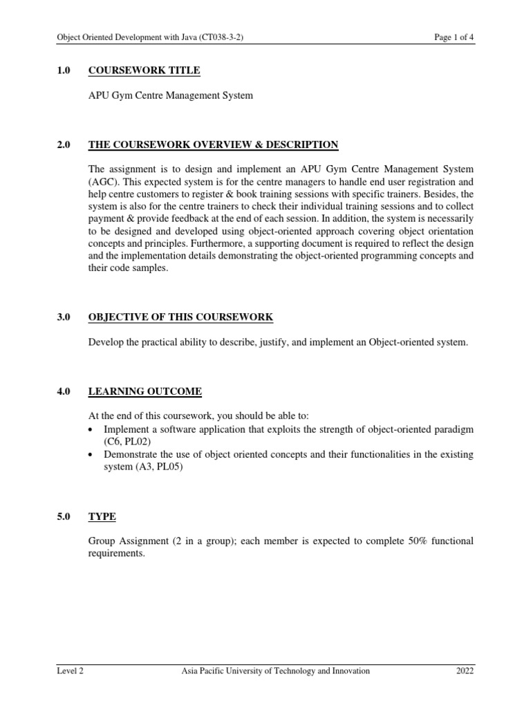 1.0 Coursework Title: Object Oriented Development With Java (CT038-3-2) Page 1 of 4 | PDF ...