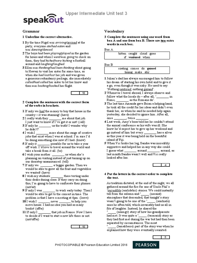 Upper Intermediate Unit Test 3: Grammar Vocabulary | PDF