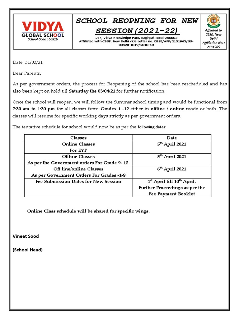 School Reopening Notice for 2021-22 | PDF