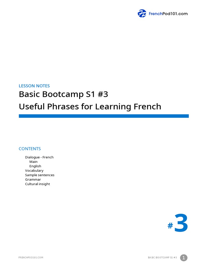 Basic Bootcamp S1 #3 Useful Phrases For Learning French: Lesson Notes ...