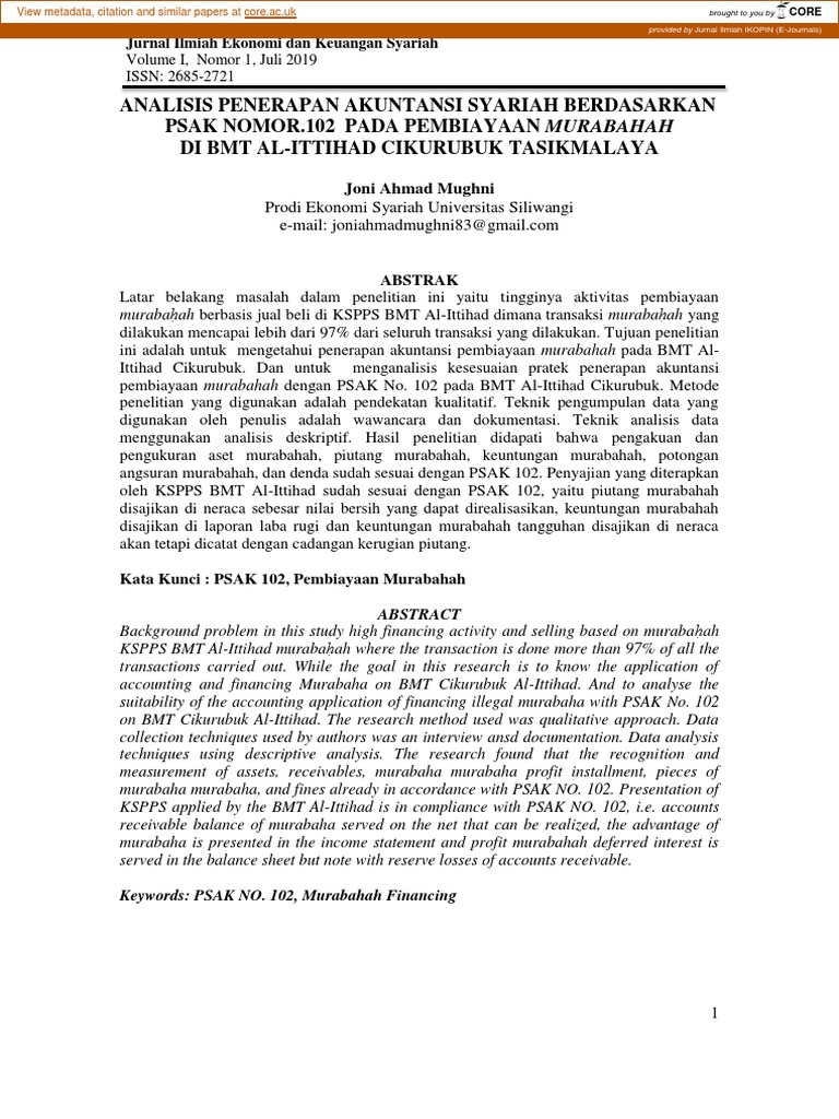 Analisis Penerapan Akuntansi Syariah Berdasarkan Psak Nomor.102 Pada Pembiayaan Murabahah Di BMT ...