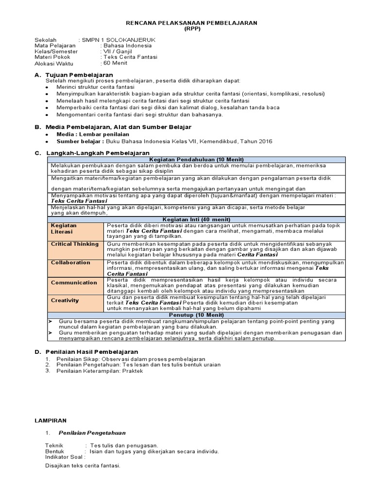 RPP 1 Lembar B.indo Kelas VII SMP | PDF | Seni & Disiplin Bahasa