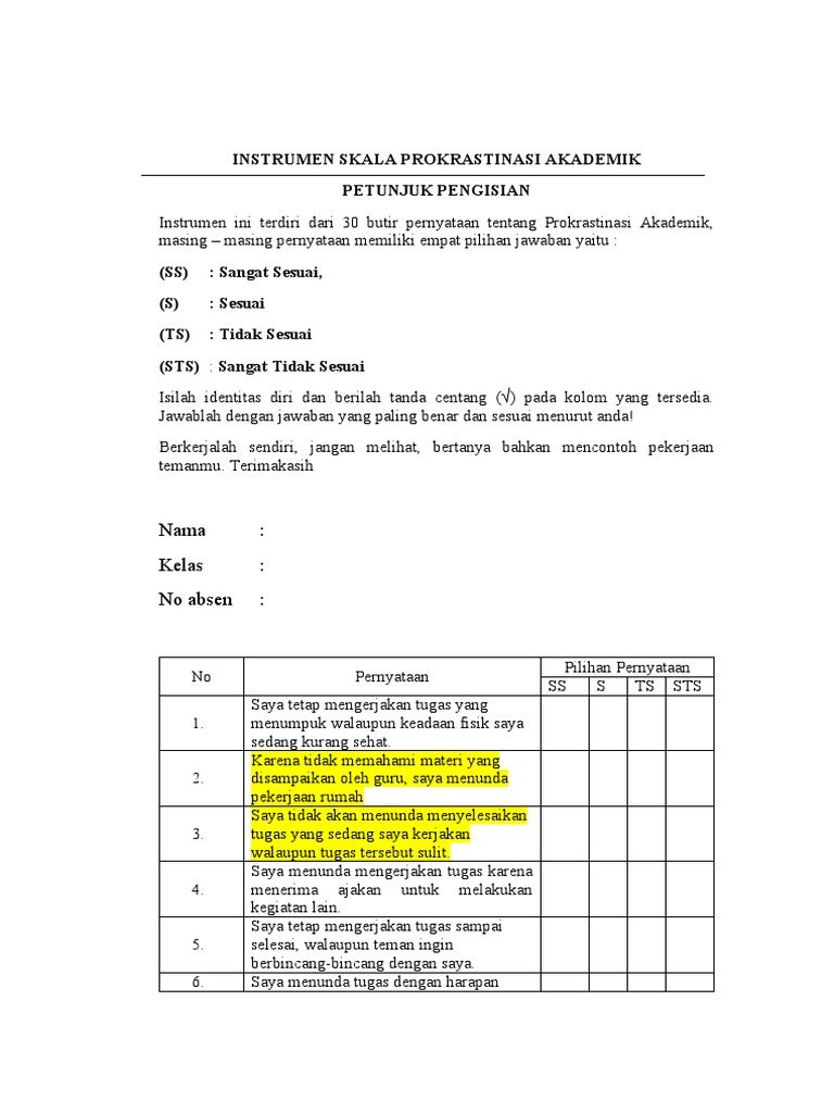 Skala Prokrastinasi 1 | PDF