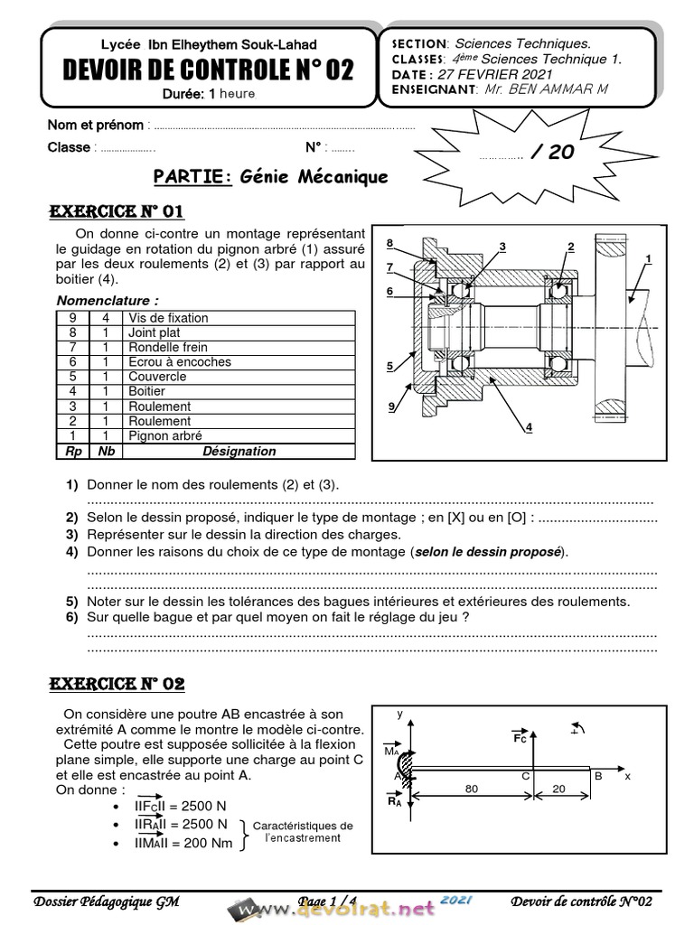 Devoir Contrôle Génie Mécanique 02 | PDF | Flexion (matériau) | Machine