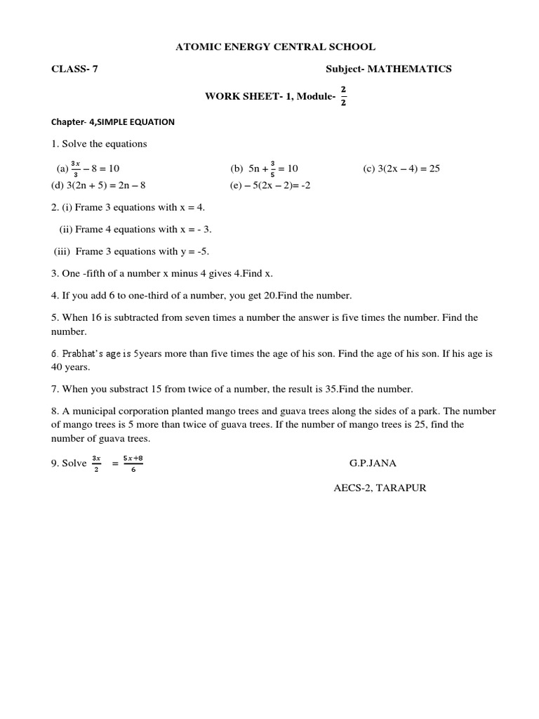 Class 7 Maths Simple Equation Worksheet Module 2 - 2 | PDF