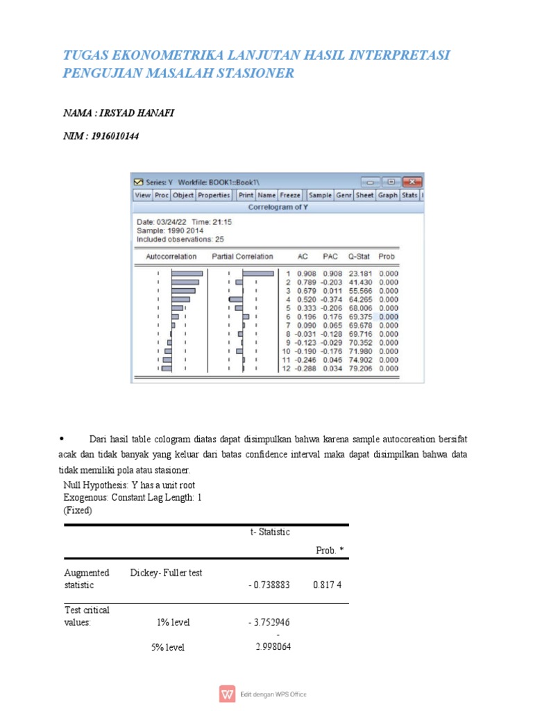 Tugas Ekonometrika Lanjutan Hasil Interpretasi Pengujian Masalah Stasioner | PDF | Standard ...