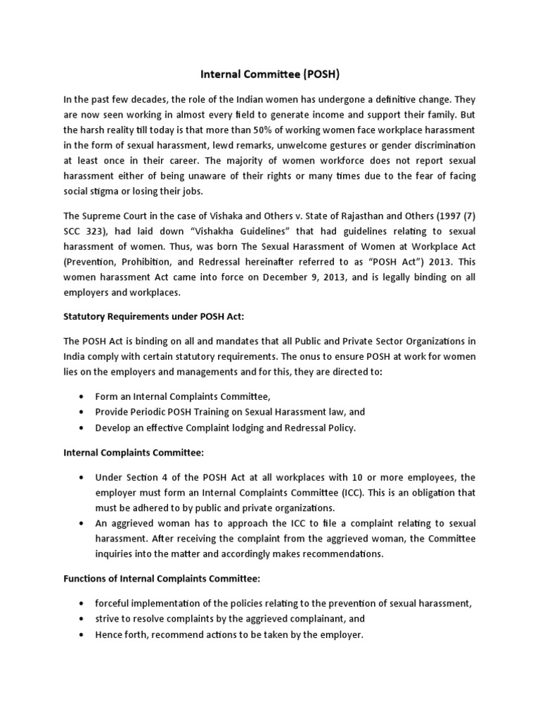 Internal Committee (POSH) : Statutory Requirements Under POSH Act ... Internal Committee (POSH) : Statutory Requirements Under POSH Act ...