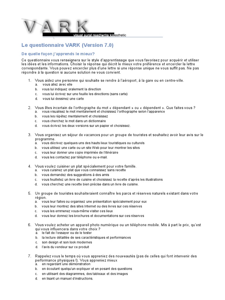 The VARK Questionnaire French | PDF | Internet | Internet et Web