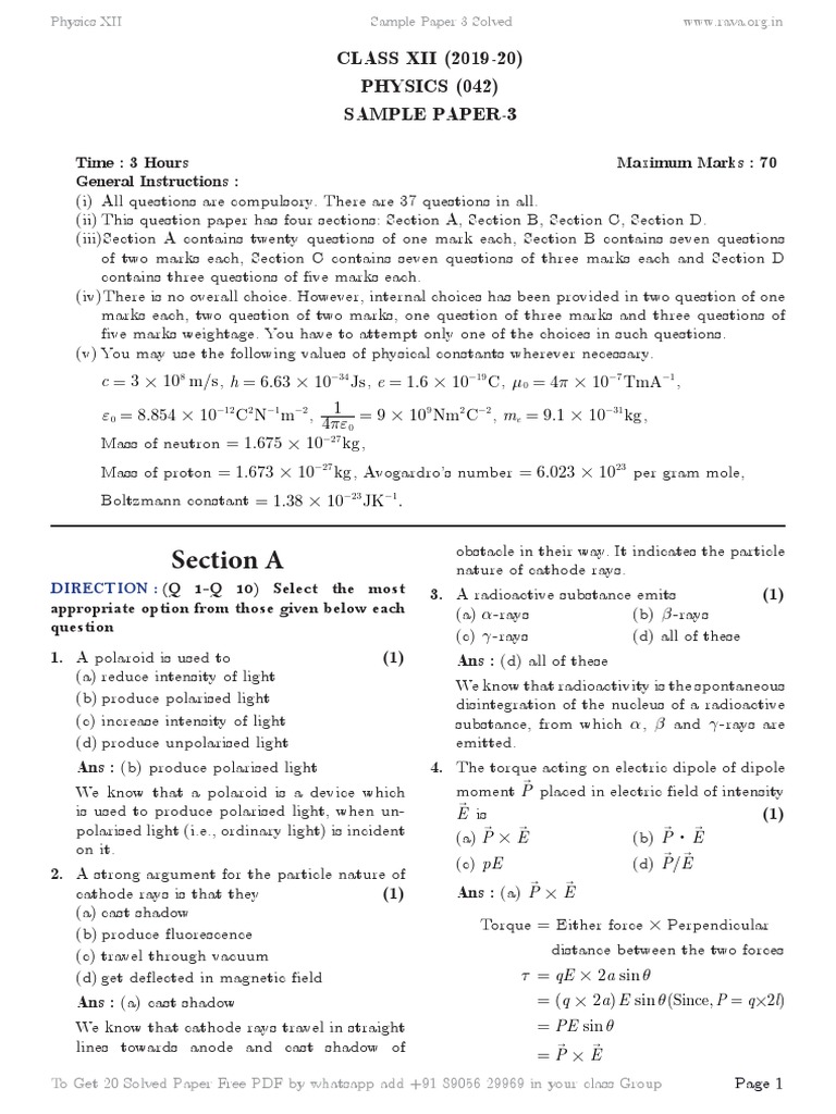 Physics XII Sample Paper 3 Solved Class XII CBSE | PDF | Atomic Nucleus | Diffraction