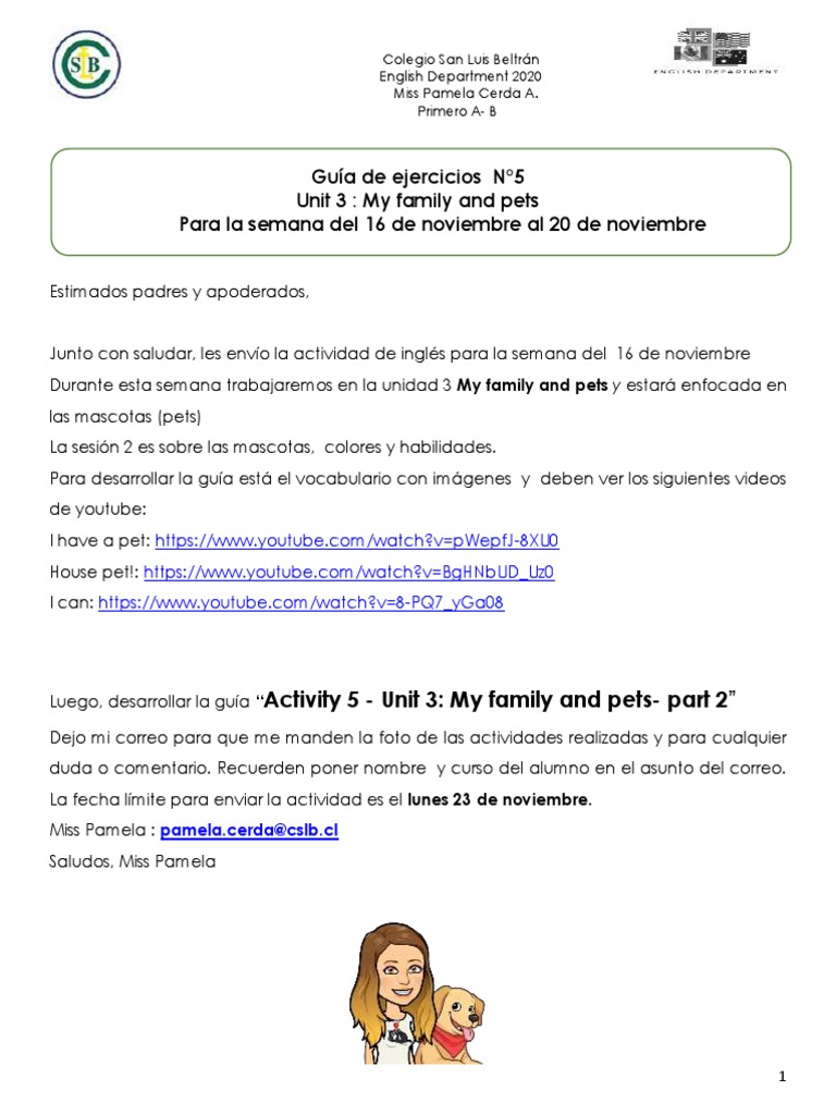 INGLÉS - Guía de Ejercicios N°5 - Unidad 3 My Family and Pets | PDF