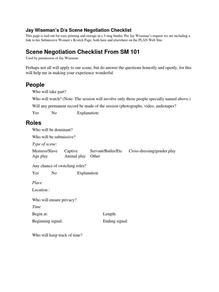 Jay Wiseman's Negotiation Checklist | PDF | Dominance And Submission | Bdsm