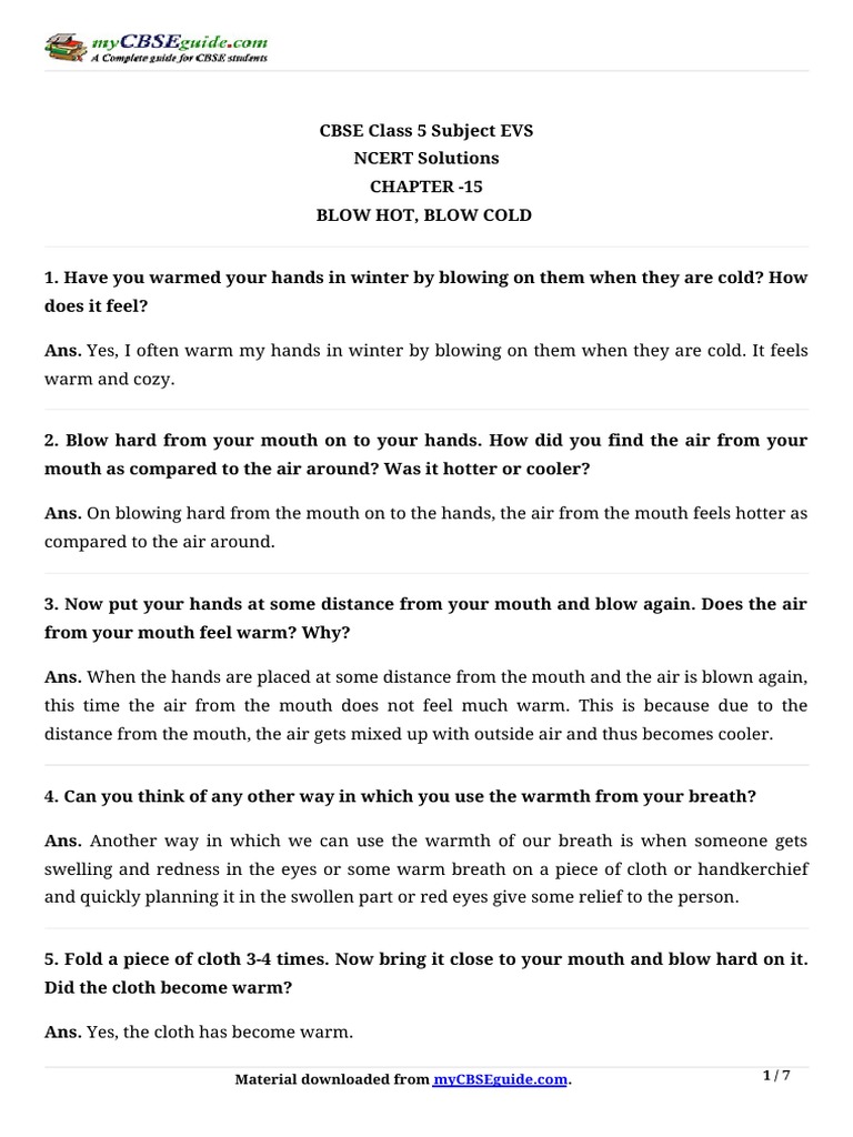 NCERT Qn-Ans - Cl-5 - EVS - Ch-15 - Blow Hot, Blow Cold | Download Free PDF | Heart