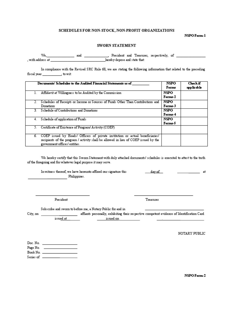 Schedules For Non-Stock, Non-Profit Organizations Sworn Statement | PDF