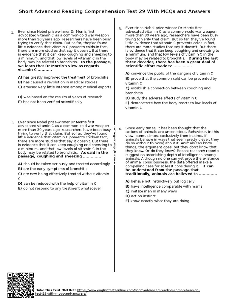 872 Short Advanced Reading Comprehension Test 29 With Mcqs and Answers ...