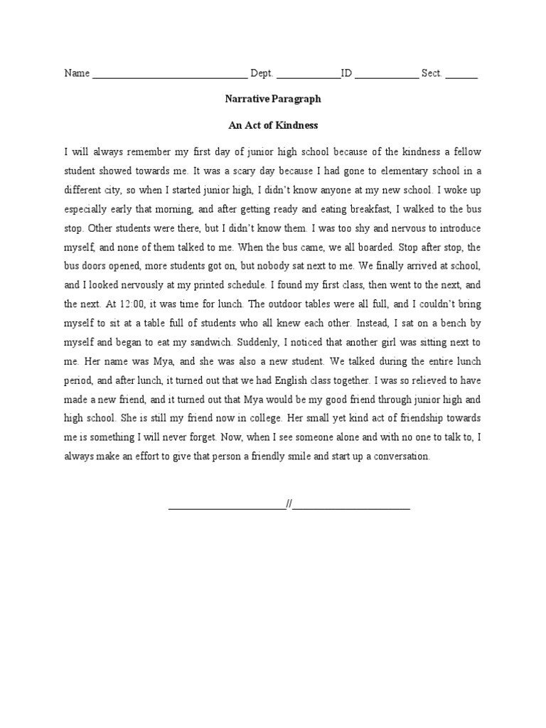 Narrative Paragraph An Act of Kindness | PDF | Social Science ...
