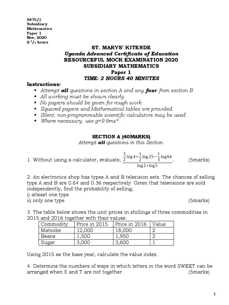 s6 Subsidiary Mathematics Paper 1 Mock Exam 2020 St. Mary039s Kitende ...