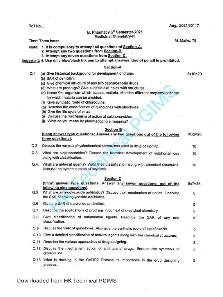 Medicinal Chemistry III 2021 HK Technical PGIMS - 1 | PDF