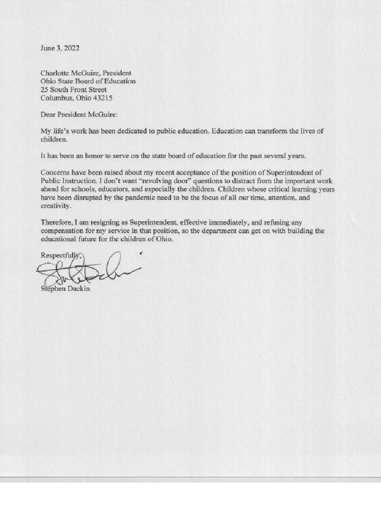 Steve Dackin Resignation Letter | PDF