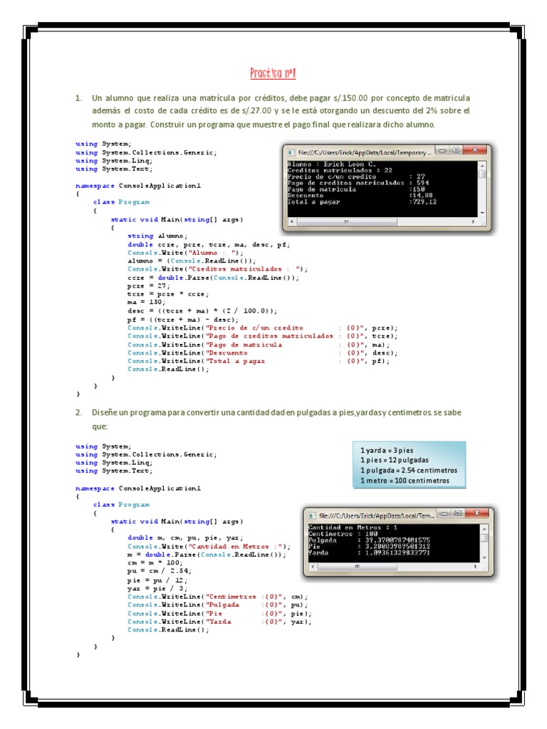 Ejercicios 2 C# | PDF | C Sharp (lenguaje de programación) | Unidades ...