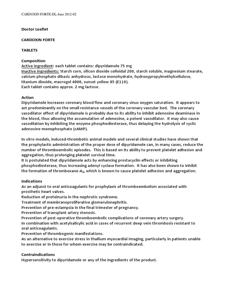 Dipyridamole (Cardoxin Forte) | PDF | Pharmacokinetics | Aspirin