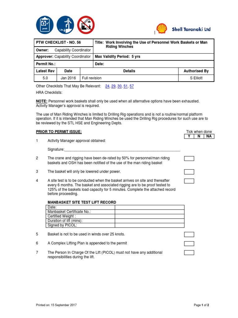 Checklist 56 Work Involving The Use of Personnel Work Baskets or Man ...