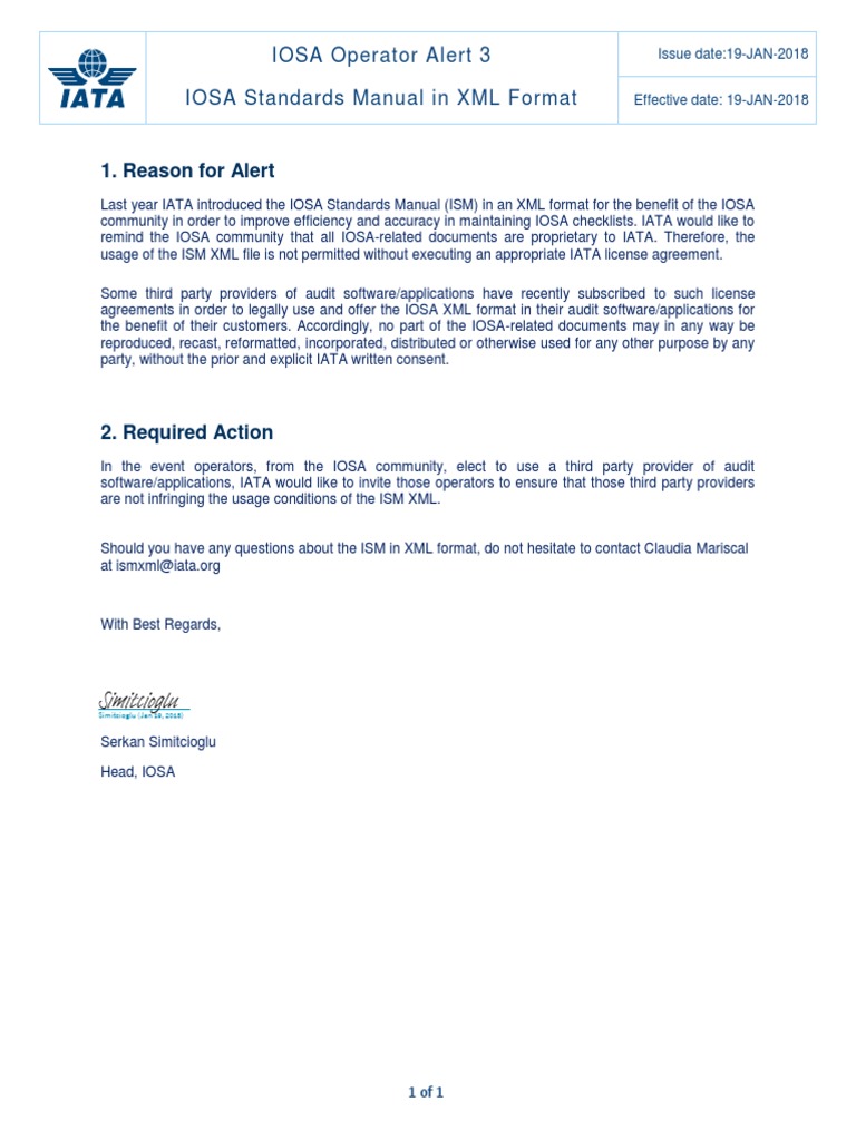 2019 12-19 IOSA Operator Alert 03 - IOSA Standards Manual in XML Format ...