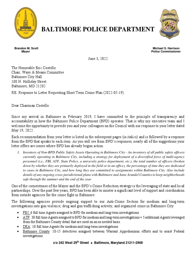 BPD Response To City Council | PDF | Baltimore Police Department | Police