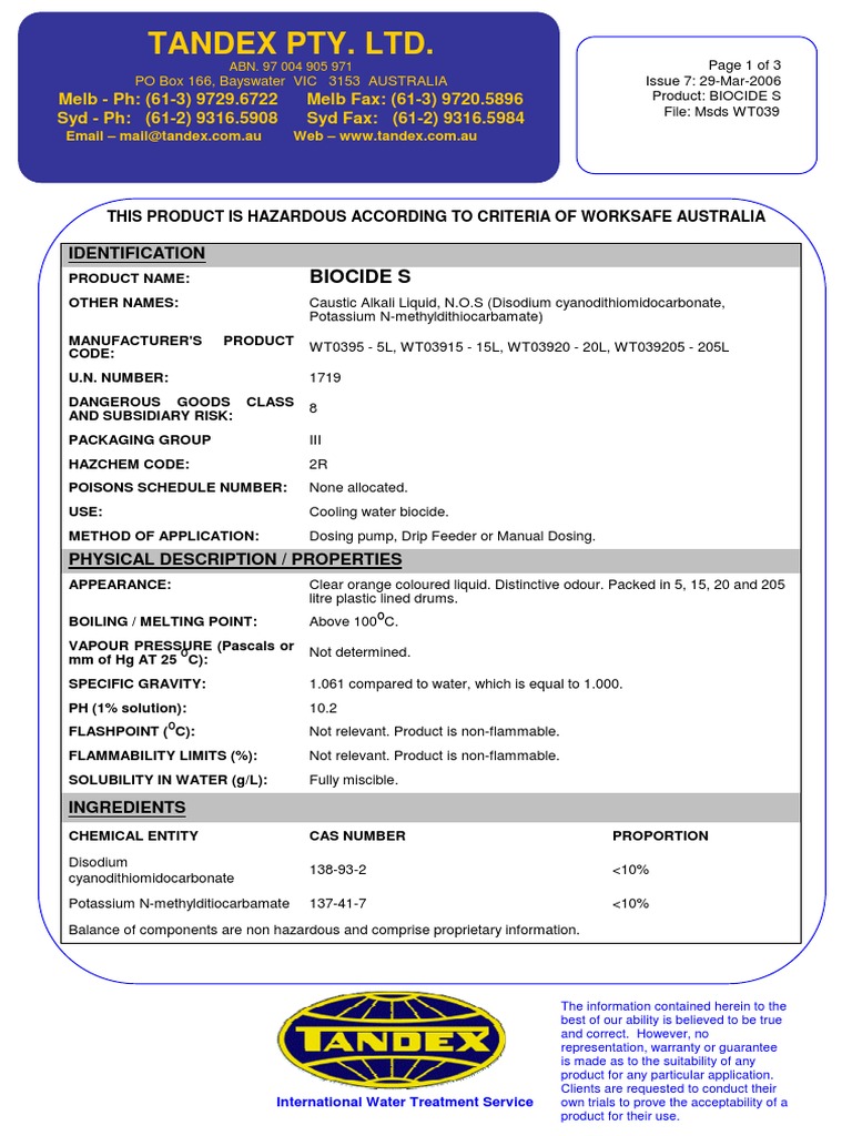 Msds BIOCIDE S | PDF | Water | Fires