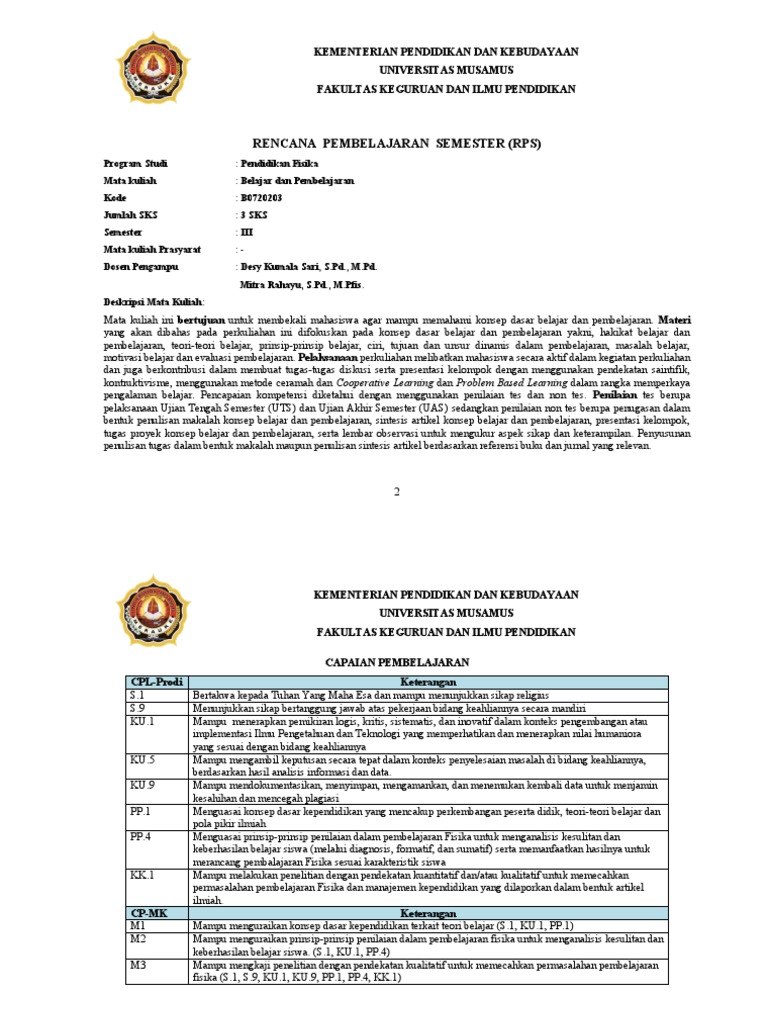 RPS Pendidikan Fisika: Belajar & Pembelajaran | PDF | Karier & Perkembangan