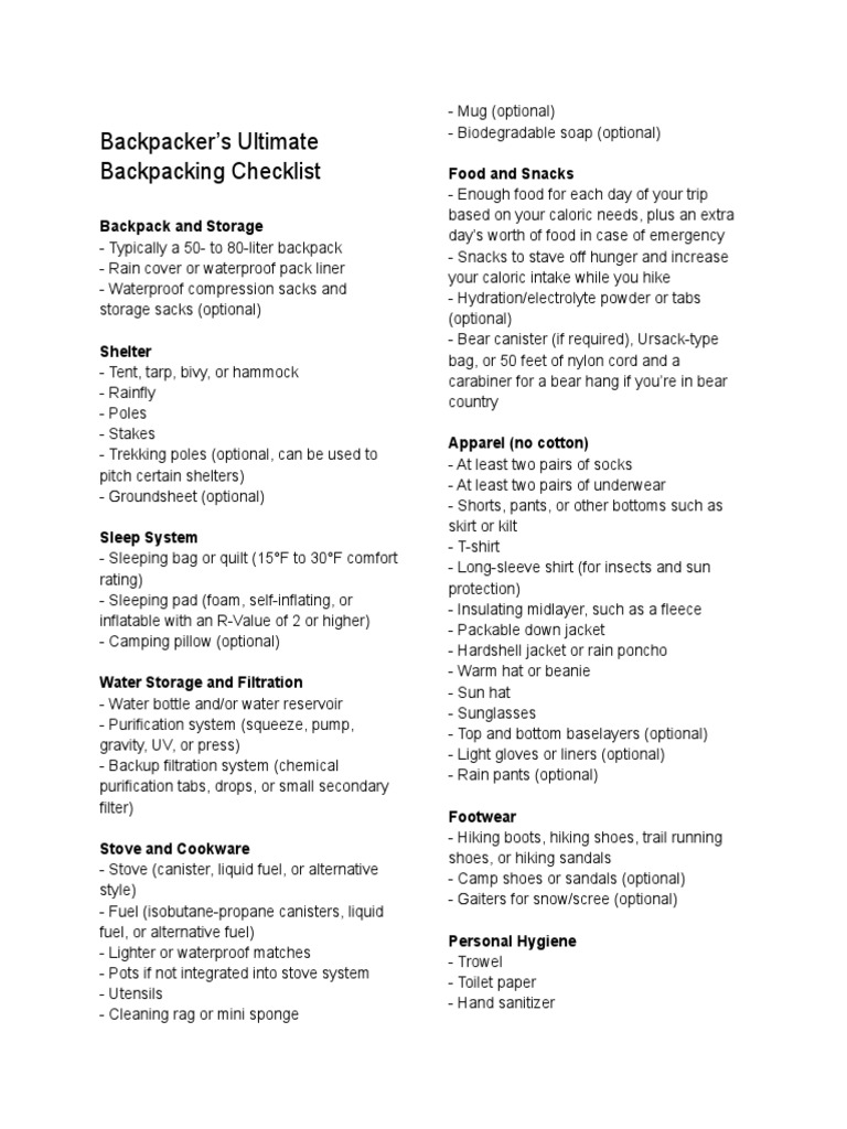 Backpacker's Ultimate Backpacking Checklist: Food and Snacks | PDF | Tent