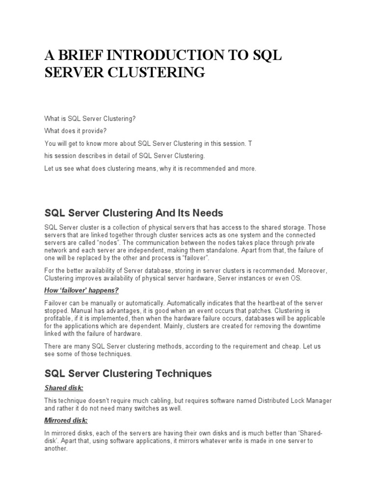 Sql Server Clustering Pdf Computer Cluster Microsoft Sql Server 2103