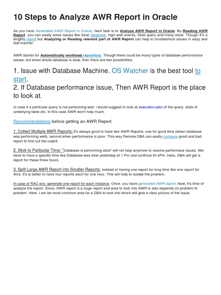 Awr Reports 10 Steps To Analyze Awr Report In Oracle Pdf Databases Central Processing Unit
