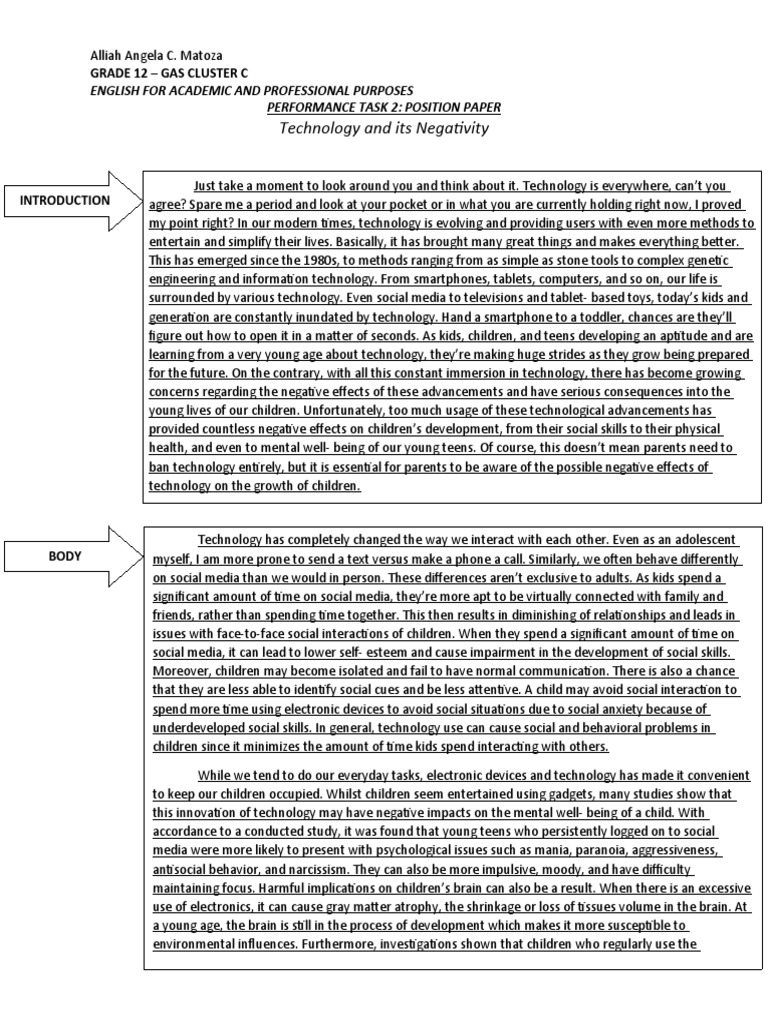 Technology and Its Negativity: English For Academic and Professional Purposes Performance Task 2 ...