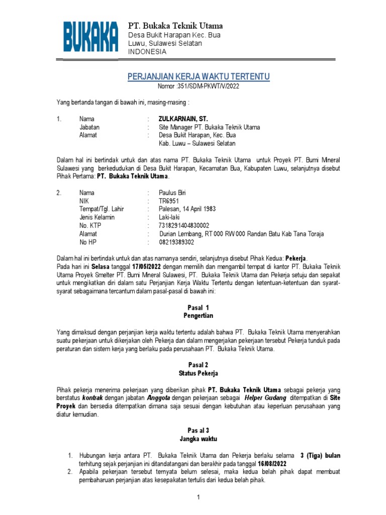 Contoh Kontrak Kerja | PDF