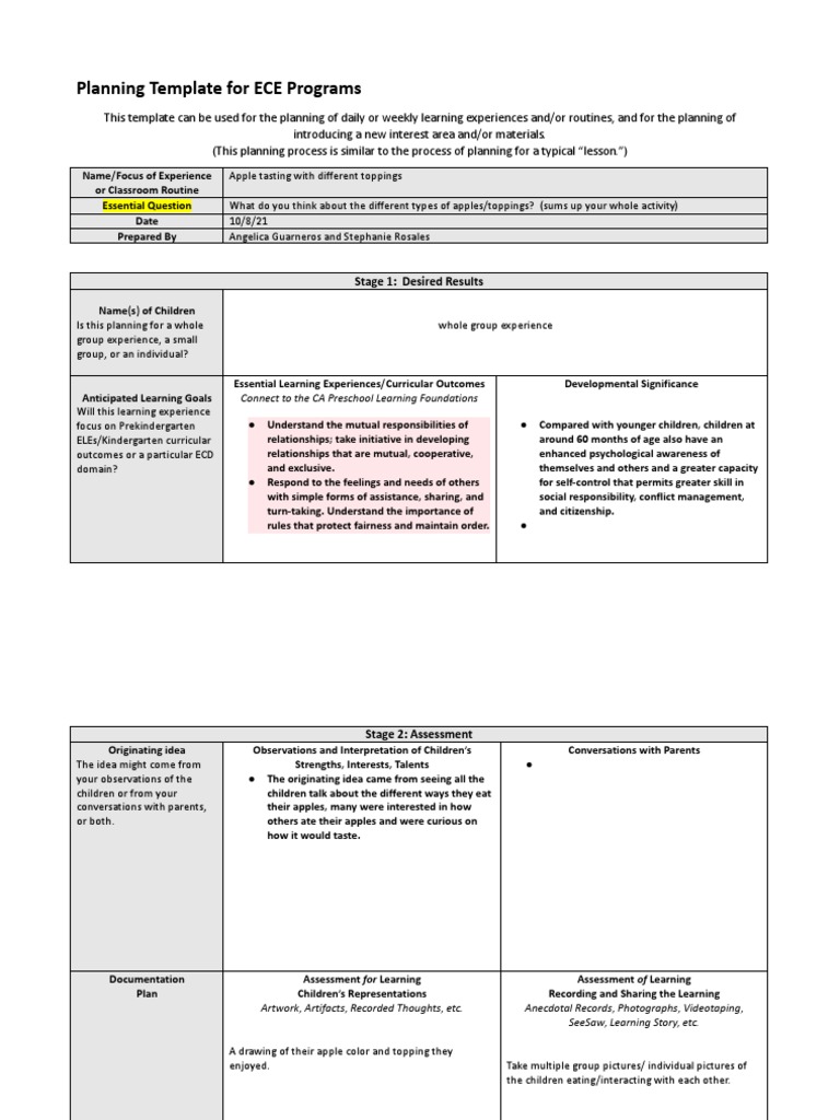 ECE Program Planning Template | PDF | Preschool | Learning