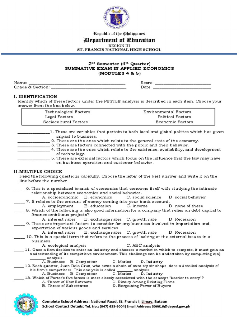 2 Semester (4 Quarter) Summative Exam in Applied Economics (MODULES 4 ...