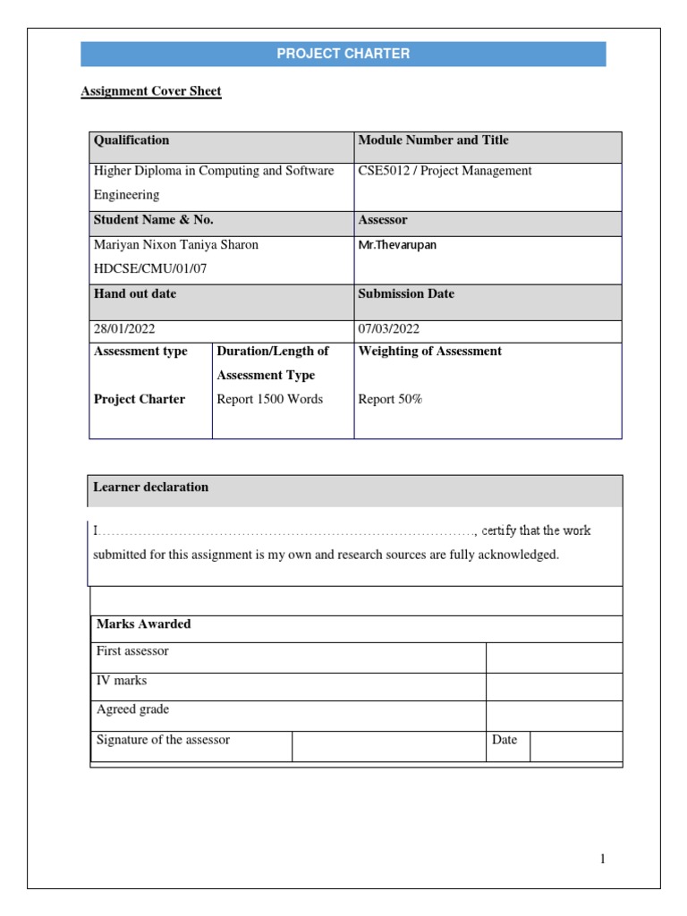 Assignment Cover Sheet: Project Charter | PDF | Analytics | Subroutine
