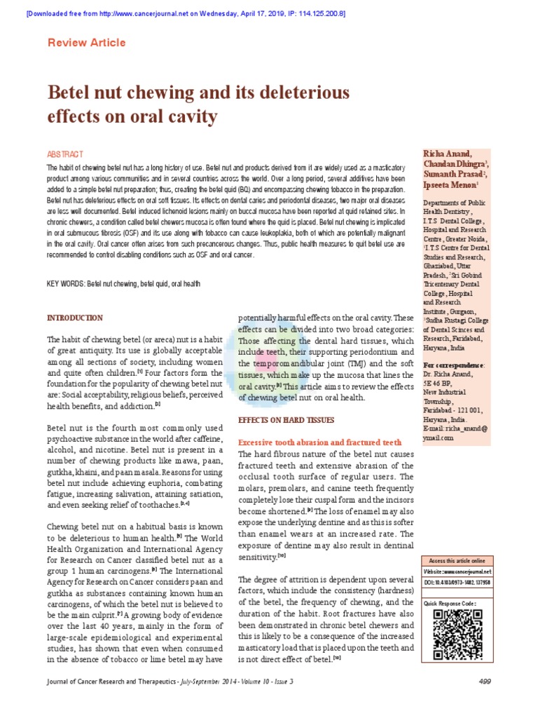 Betel Nut Chewing and Its Deleterious Effects On Oral Cavity | PDF ...