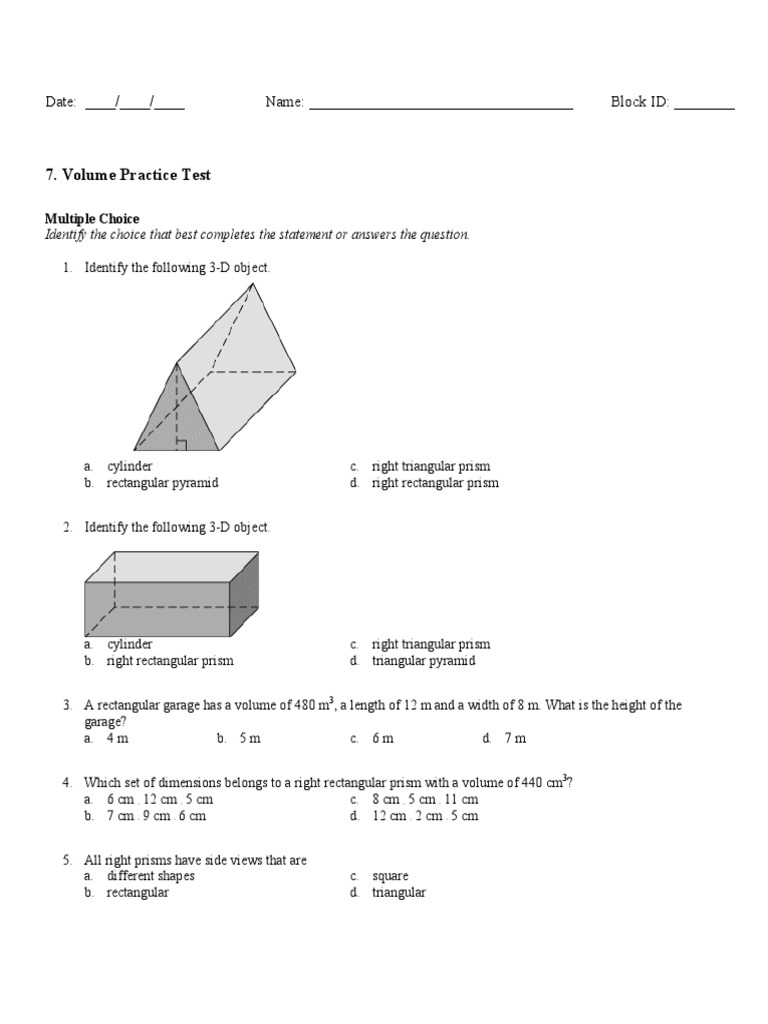 Volume Practice Test | PDF | Area | Volume