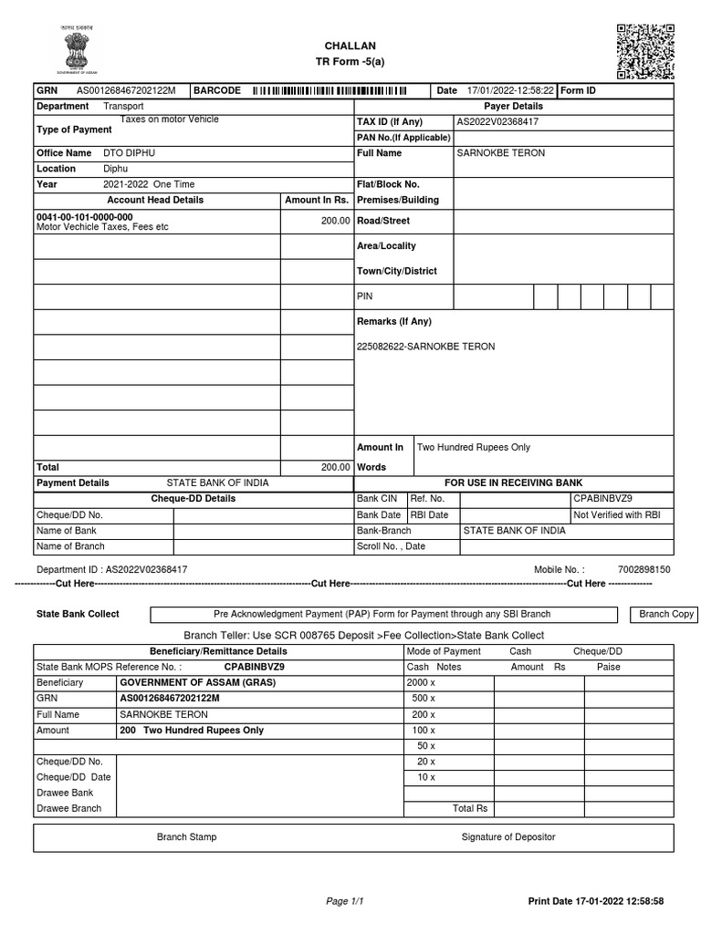 Challan TR Form - 5 (A) : PAN No. (If Applicable) | PDF | Payments | Cheque