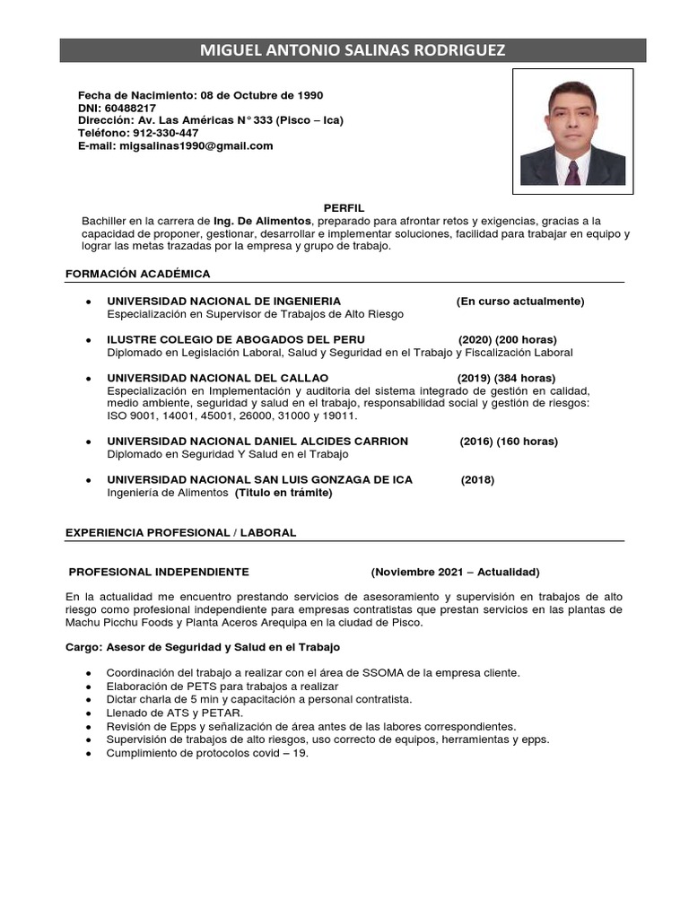 Cv. Miguel Antonio Salinas Rodriguez (Documentado) 2022 | PDF | Seguridad y salud ocupacional ...