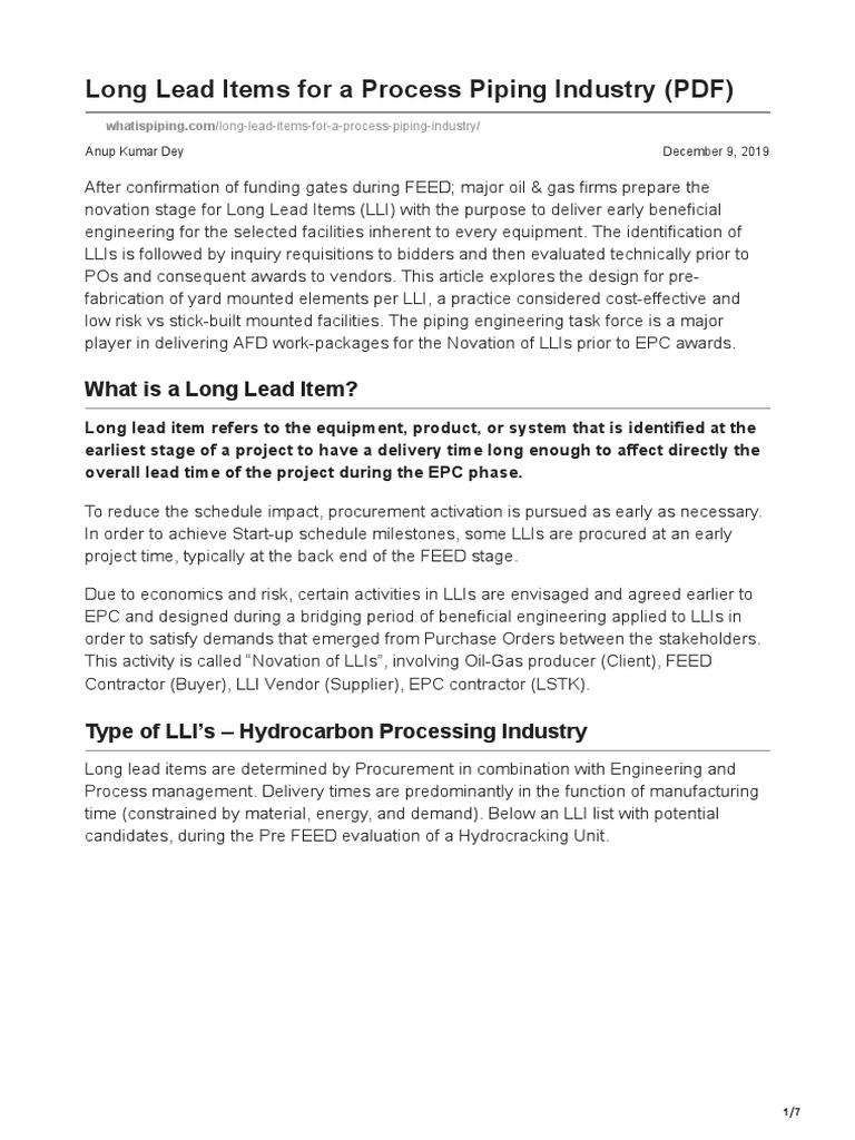 Long Lead Items For A Process Piping Industry PDF | PDF | Stress ...