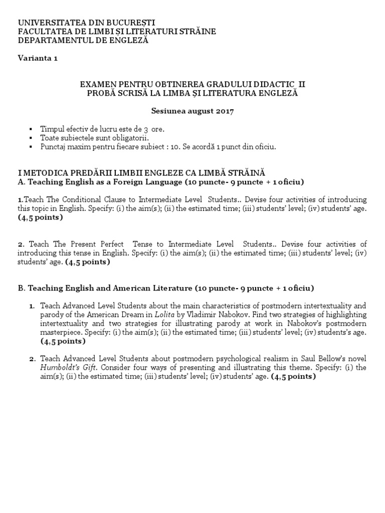 Gradul 2 - Varianta I | PDF | Foreign Language Studies